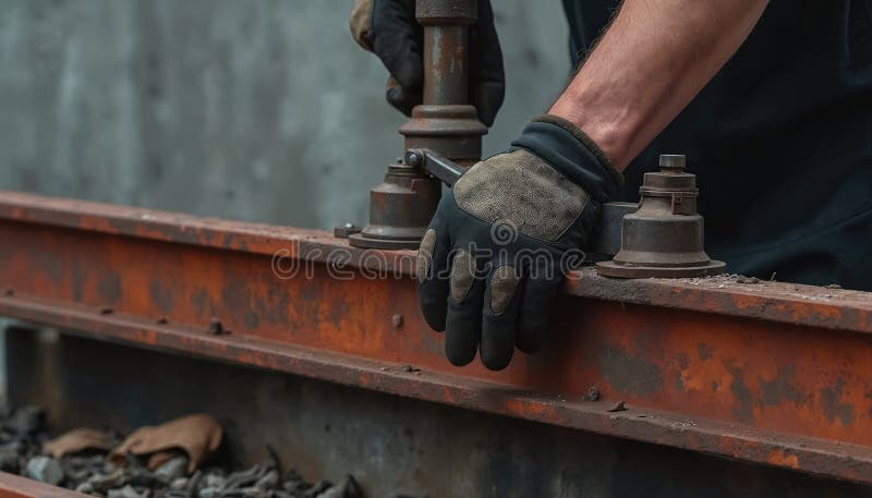 Construction Worker Operates Hydraulic Jack, Lifting Heavy Beam. Hand ...