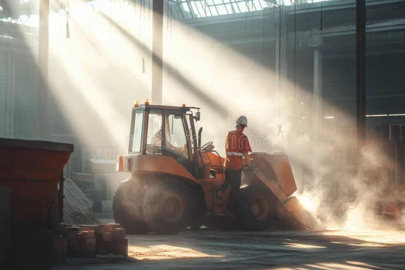 Construction Worker Operates a Loader in a Sunlit Industrial Warehouse ...