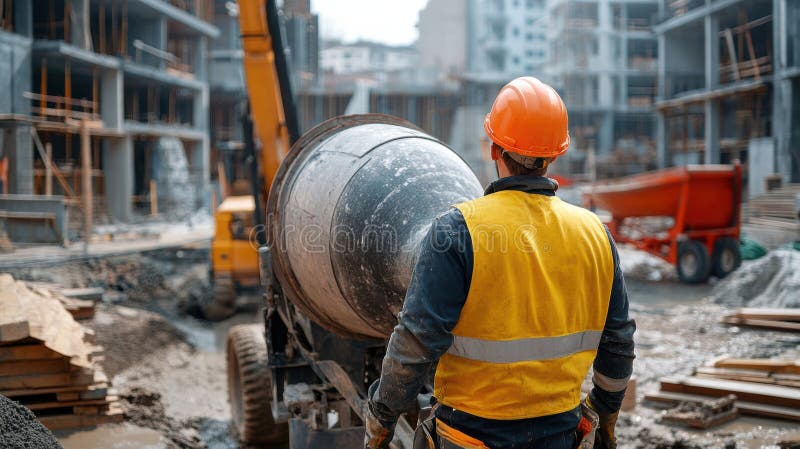 Construction Worker Operating a Cement Mixer from Behind, Focusing on ...