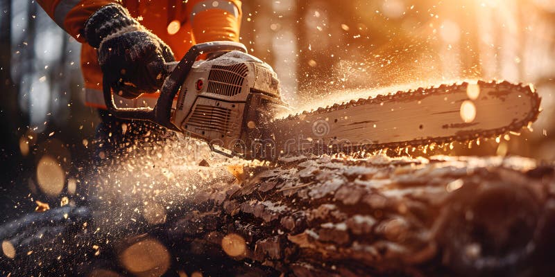 Close-up of Construction Worker Using a Chainsaw Stock Photo - Image of ...