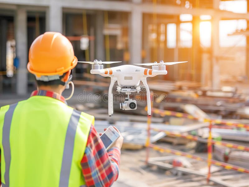 Construction Worker Operating Drone on Site Stock Illustration ...