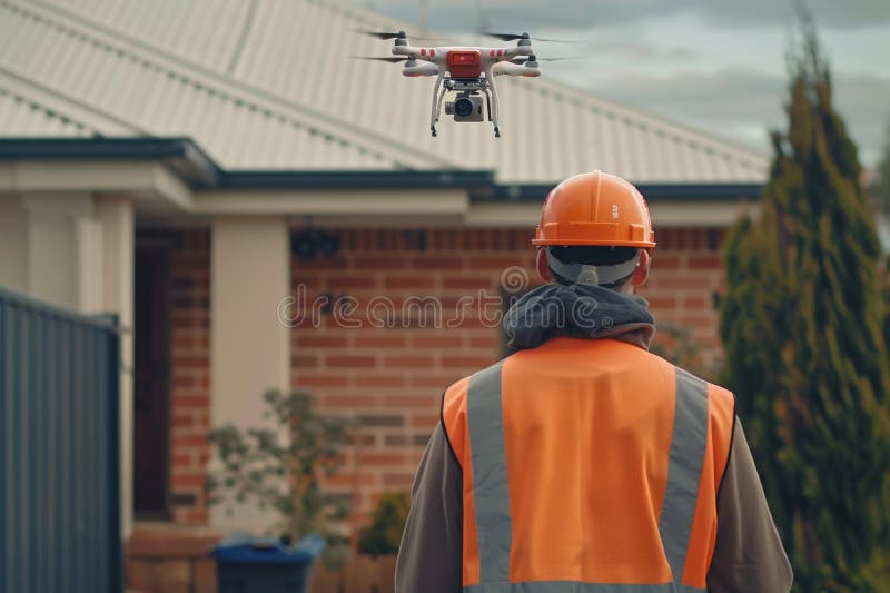 Construction Worker Operating a Drone for Survey Purposes, Wearing a ...