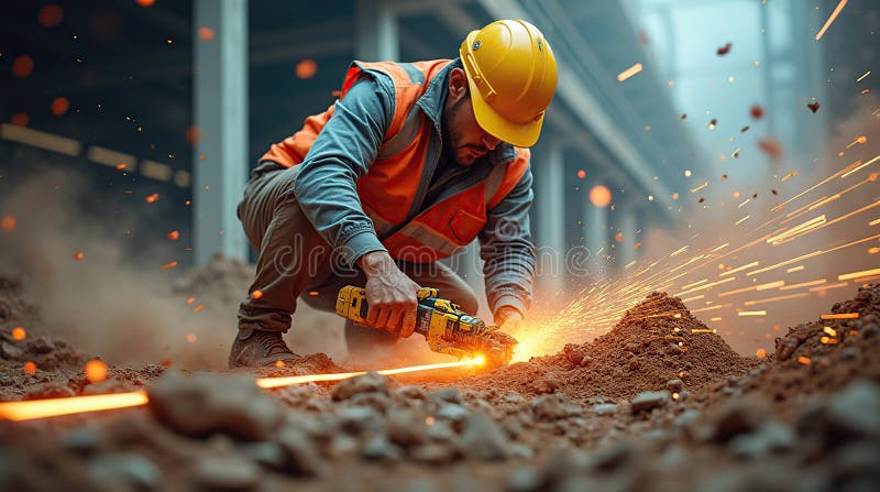 Construction Worker Operating Equipment Amidst Dynamic Sparking ...