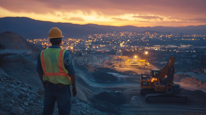 Construction Worker Operating Heavy Machinery at Dusk Stock Photo ...