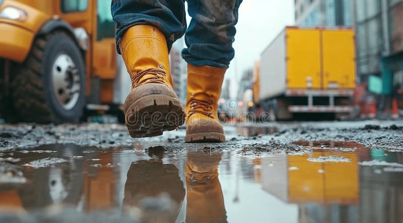 Construction Worker in Orange Boots Stepping through Puddles on a ...
