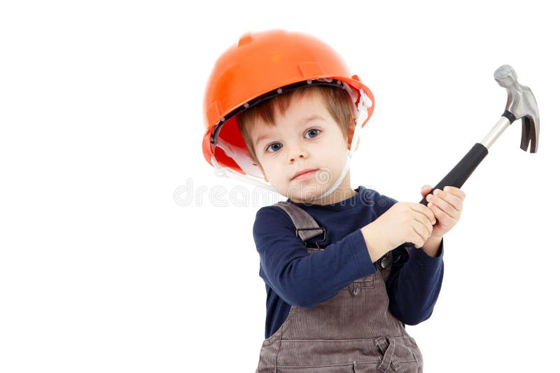 Construction Worker in Orange Helmet with Hammer on White Stock Image ...