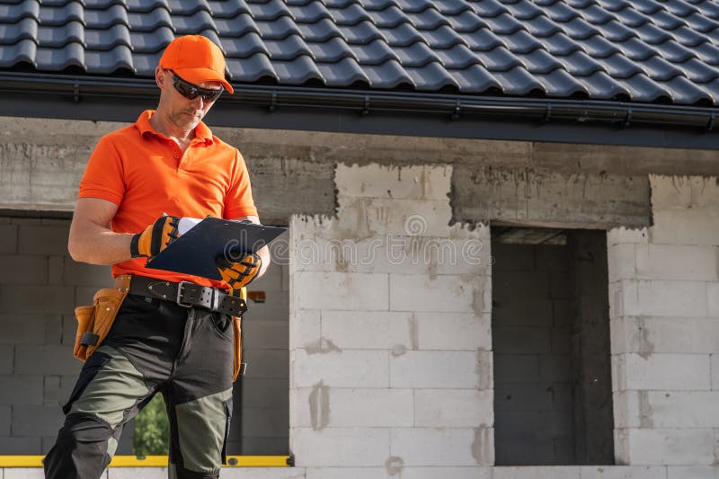 Construction Worker Assessing Building Progress on a New Site during ...