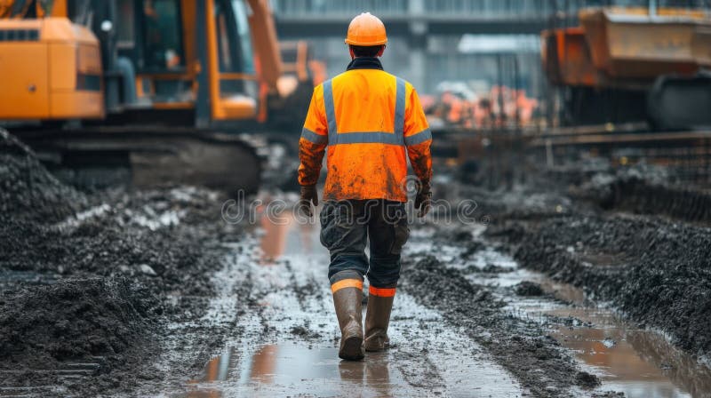 Construction Worker Walks through Muddy Site in Urban Area during ...