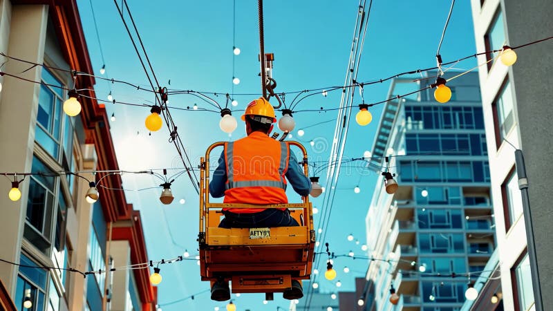 Construction Worker in Orange Vest Fixing Lights on Elevated Platform ...