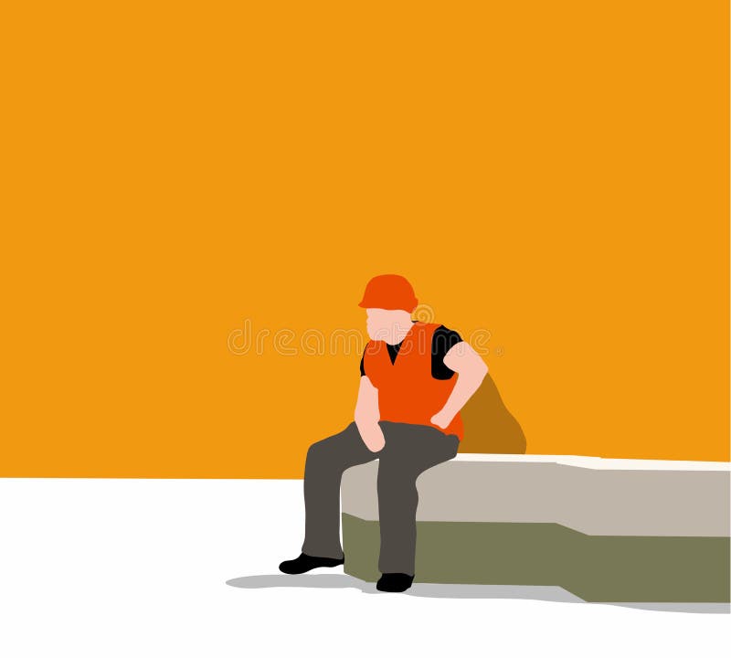 Construction Worker in an Orange Vest and Hat Sitting Resting on the ...