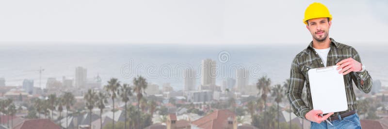 Construction Worker Over Large Sunny City Buildings by Sea Stock Photo ...