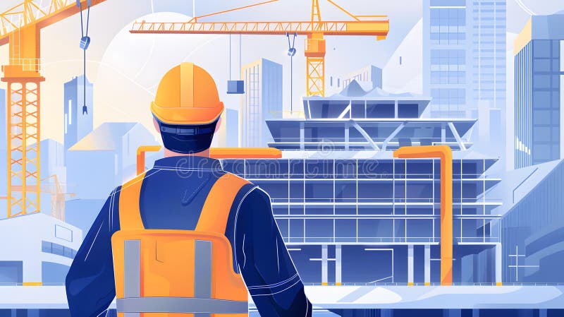 Construction Worker Overlooking Building Site with Cranes Stock Photo ...