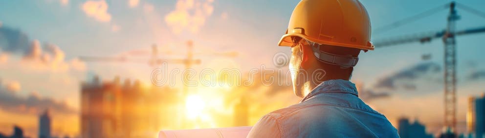 Construction Worker Overlooking Building Site at Sunset Stock ...