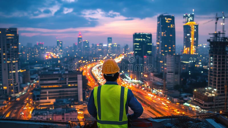Construction Worker Overlooking City Skyline at Dusk Stock Photo ...