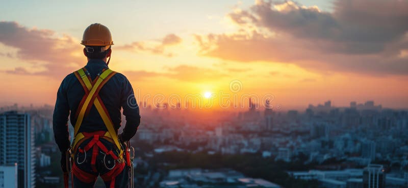 Construction Worker Overlooking City Skyline Sunset Safety Gear Harness ...