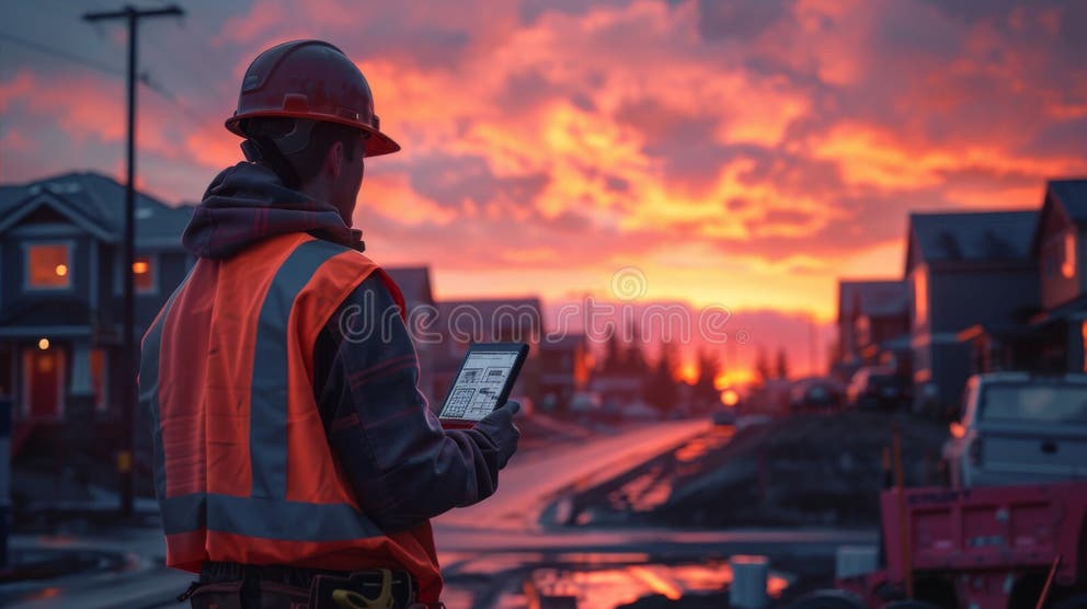 A Construction Worker Overlooking a Housing Project at Sunset while ...