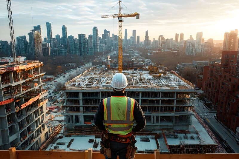 Construction Worker Overlooking a Large Building Project with a City ...