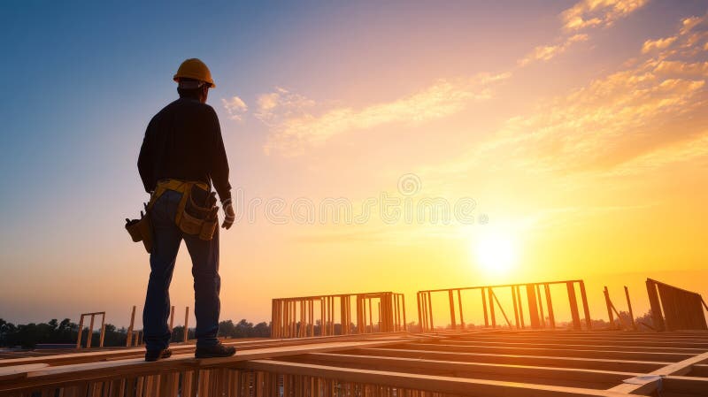 Construction Worker Overlooking Site at Sunset Stock Illustration ...