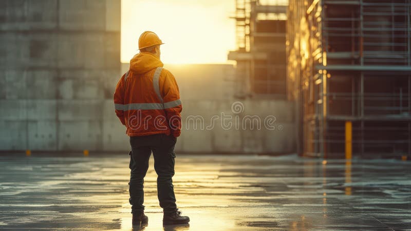 Construction Worker Overlooking Site at Sunset on a Building Project ...