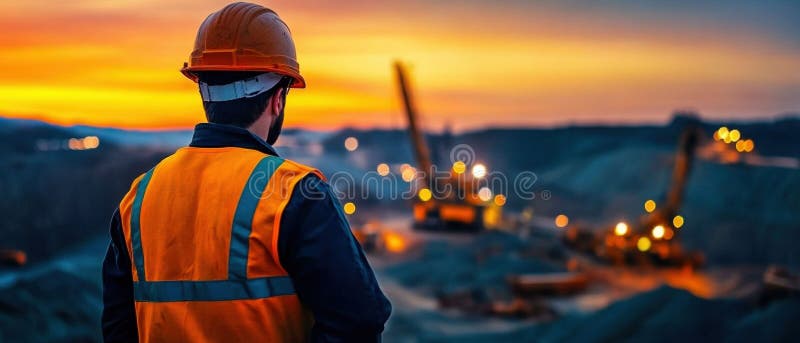 Construction Worker Overlooking Site at Sunset Stock Illustration ...