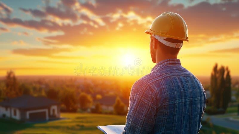 Construction Worker Overlooking Sunset Landscape Stock Illustration ...