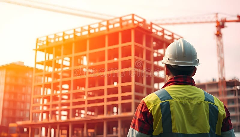 Construction Worker Overseeing Building Progress at Sunrise Stock Image ...