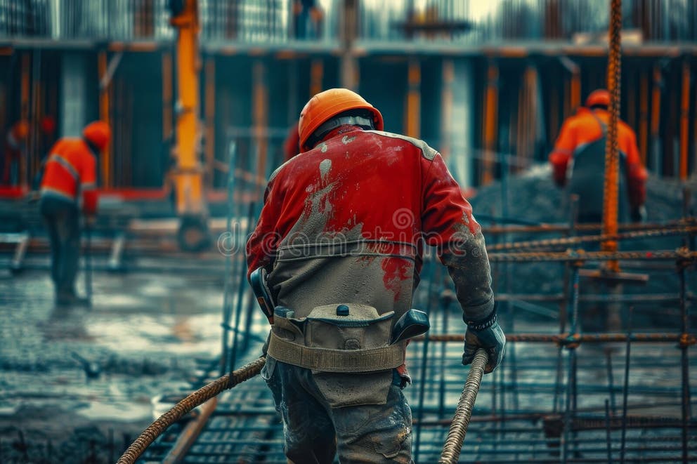 Construction Worker Overseeing Concrete Pump Operation at Bustling ...
