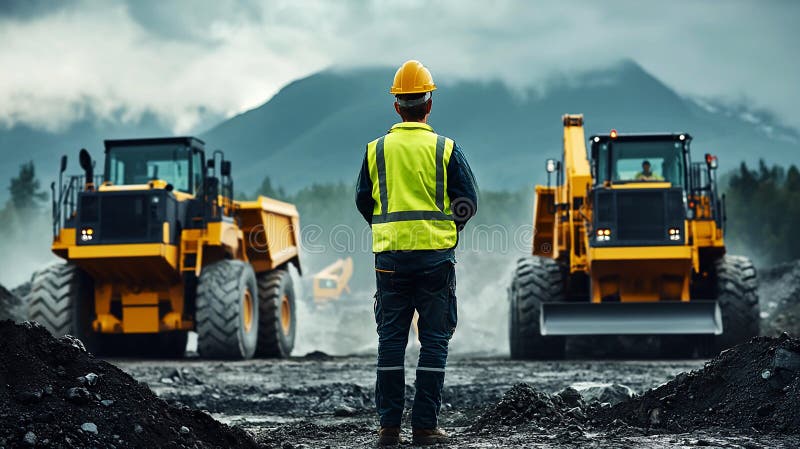 Construction Worker Overseeing Heavy Machinery at a Construction Site ...