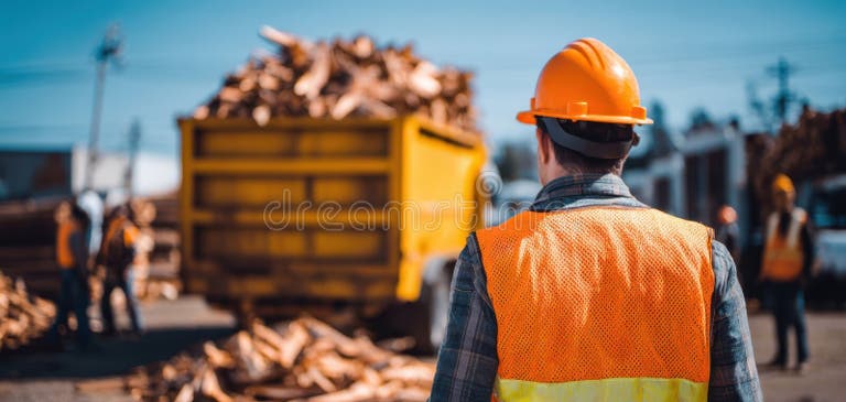 The Construction Worker Overseeing a Lumber Loading Operation in a ...