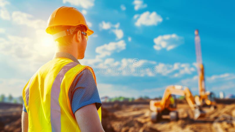 Construction Worker Overseeing Site on Sunny Day Stock Illustration ...