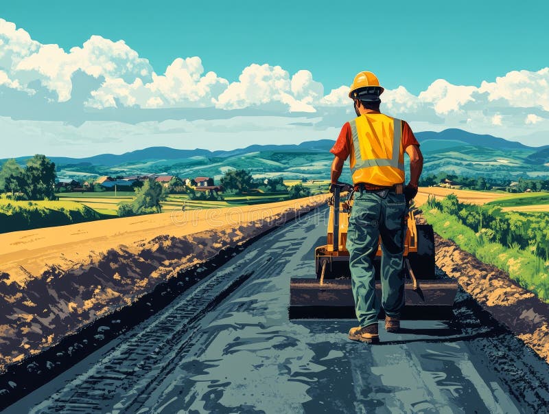 Construction Worker Paving New Road in Rural Landscape Stock ...