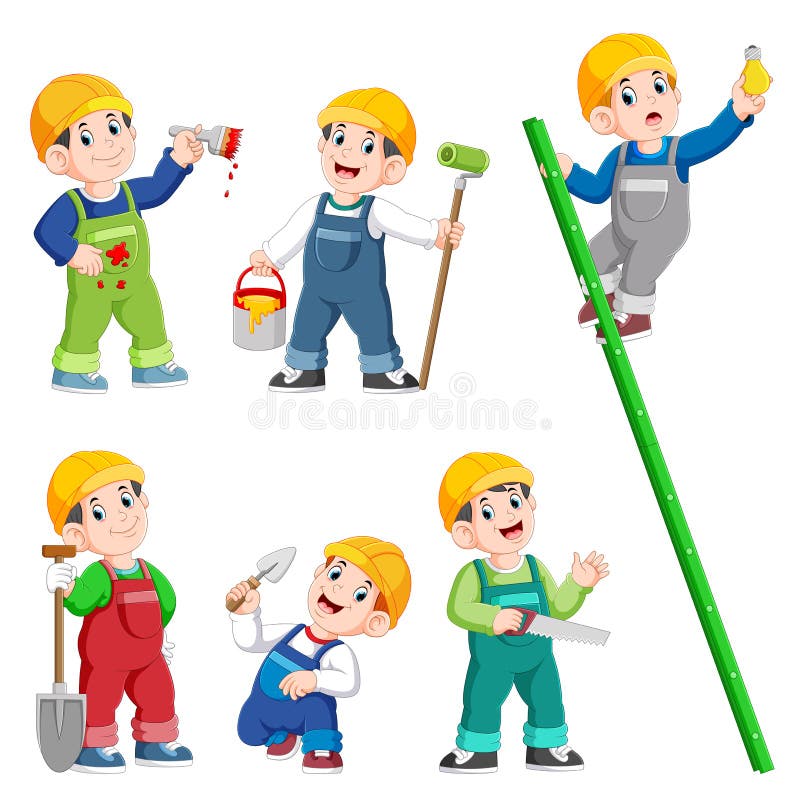 Construction Worker People Cartoon Character Posing and Doing Work ...