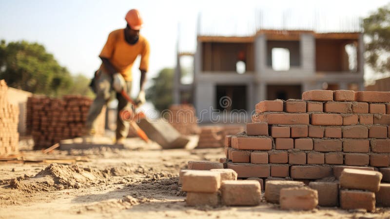 A Construction Worker Placing Bricks on a Pathway at a Building Site ...