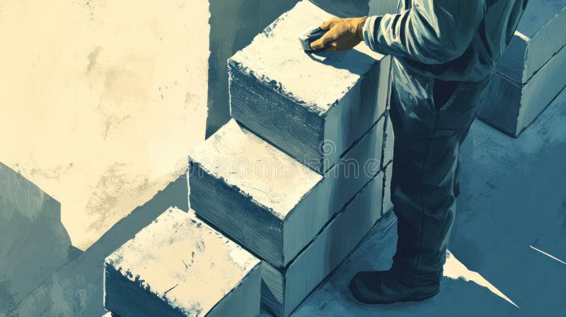 Construction Worker Placing Concrete Blocks Stock Photo - Image of ...