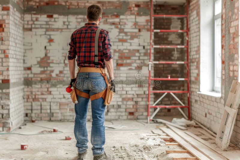 Worker in a Plaid Shirt Stands in an Unfinished Room. he is Holding ...