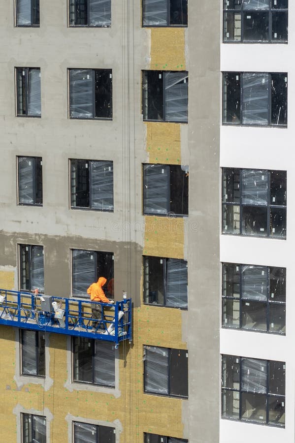 Construction Worker Plastering Building Facade Cheerful Mood Near ...