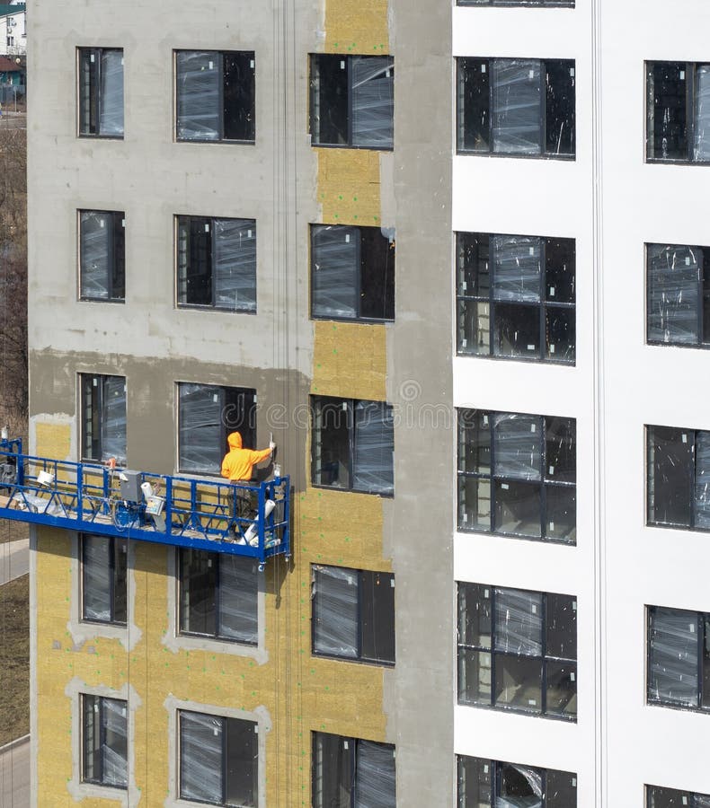 Construction Worker Plastering Building Facade Cheerful Mood Near ...