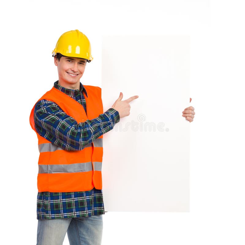 Construction Worker Pointing at Banner. Stock Image - Image of ...
