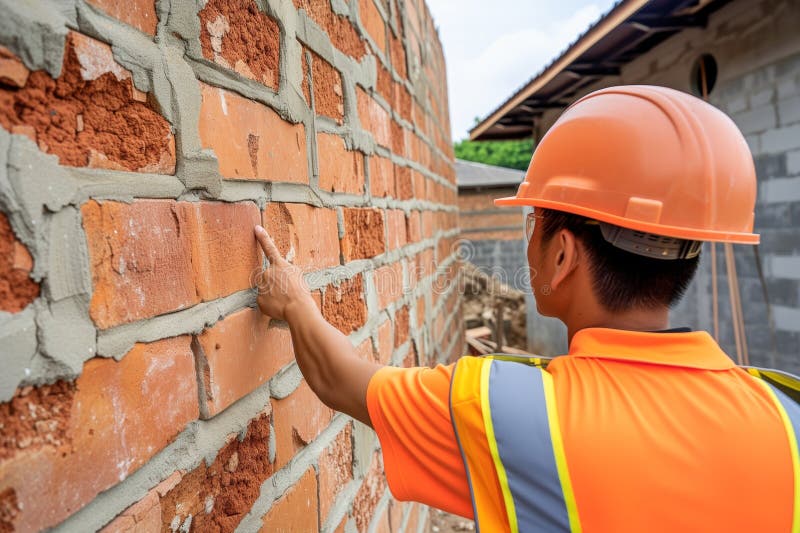 Construction Worker Pointing at a Completed Brick Wall Stock Photo ...