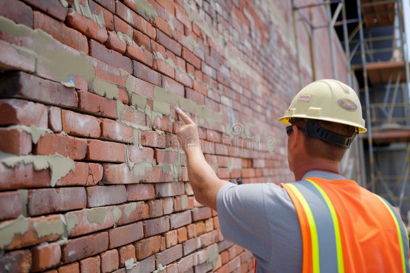 Construction Worker Pointing at a Completed Brick Wall Stock Image ...