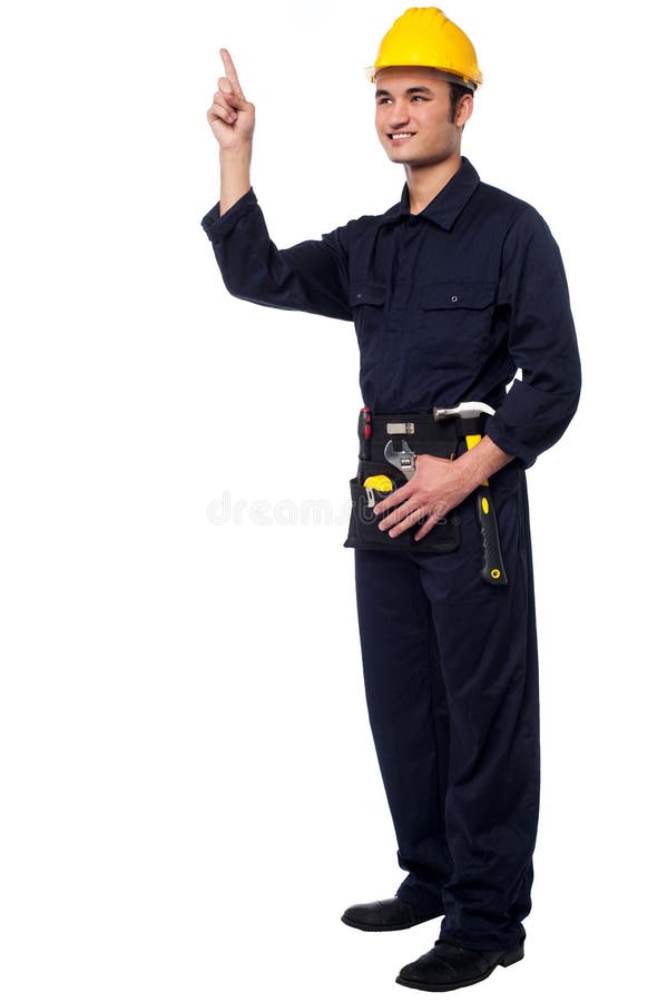 Construction Worker Pointing Upwards Stock Image - Image of full ...