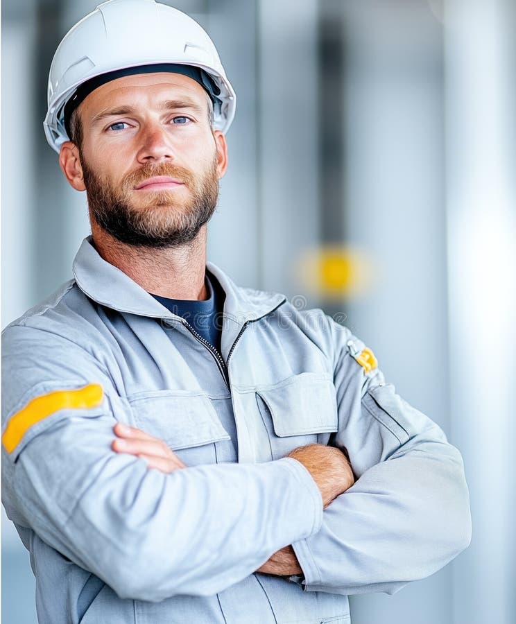 Construction Worker Stands Confidently on Site during Day Shift in ...
