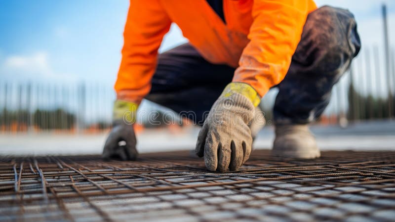 Construction Worker Positioning Rebar Grid, Readying Concrete ...