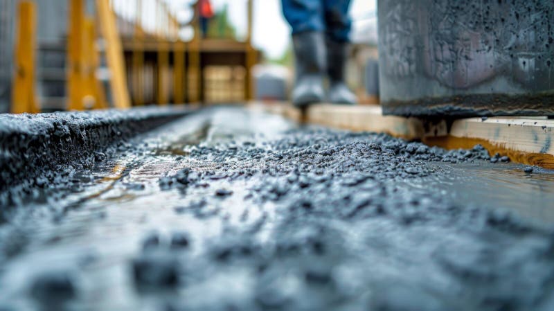 Worker Pours Fresh Concrete on a Construction Site during a Sunny Day ...
