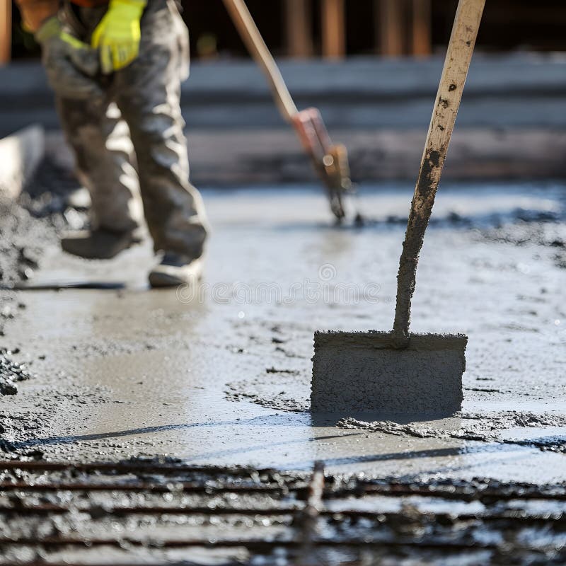 Construction Worker Pouring and Leveling Concrete for Driveway Using ...