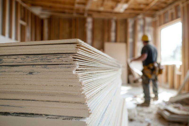 Construction Worker Prepares a House Under Renovation with Stacked ...