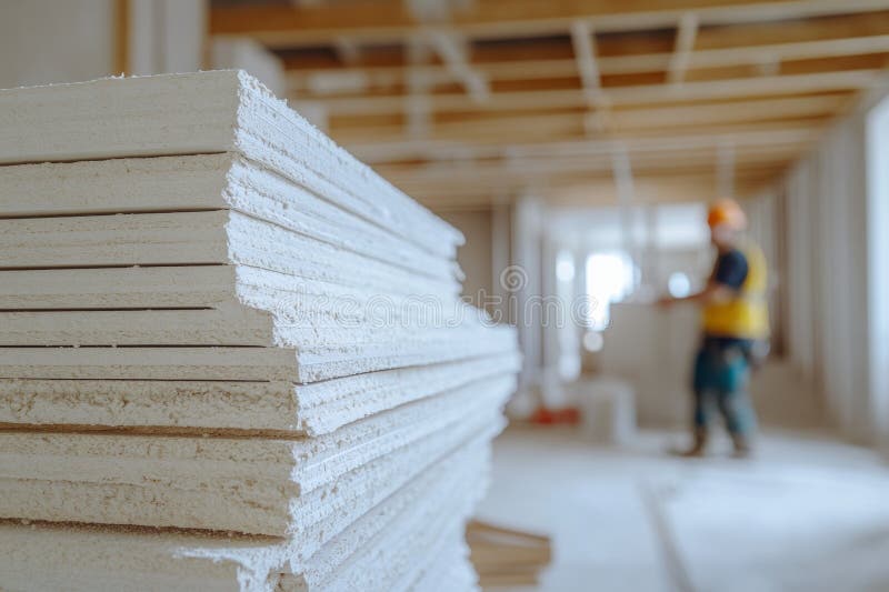 Construction Worker Prepares for Installation of Gypsum Boards in a ...