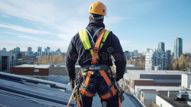 Construction Worker Prepares for Safety Measures on Rooftop in Urban ...