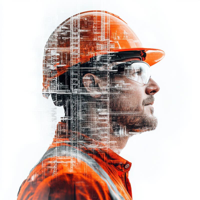 Construction Worker Profile Superimposed with Building Blueprint Design ...
