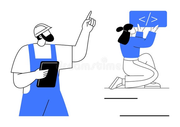 Construction Worker and Programmer Collaborating on Project Development ...